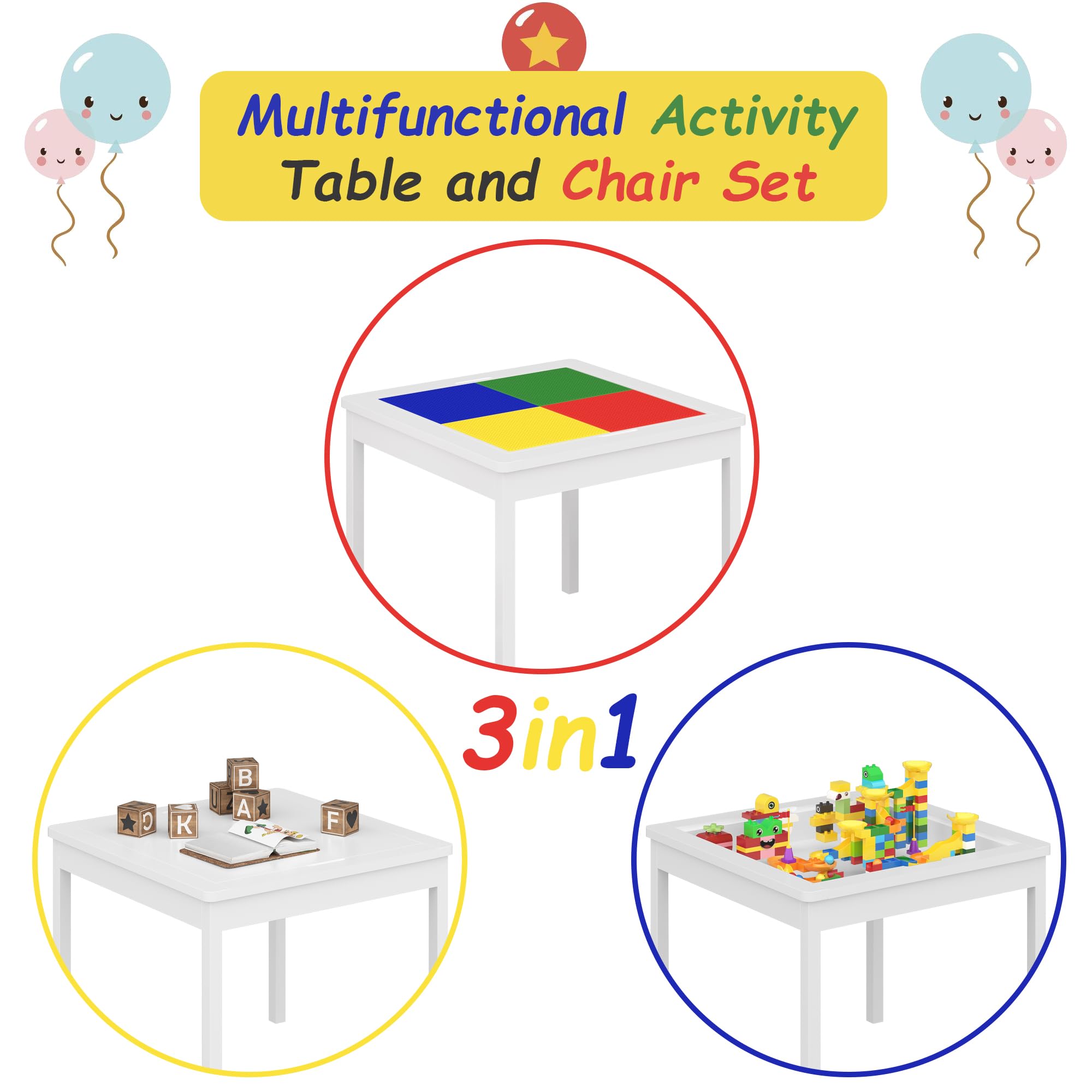 4NM 3 in 1 Kids Table Set for 2, Children Table and Chairs, Toddler Play Activity Table with Hidden Storage Wood Building Block Table Desk for Ages 3-7- Color White