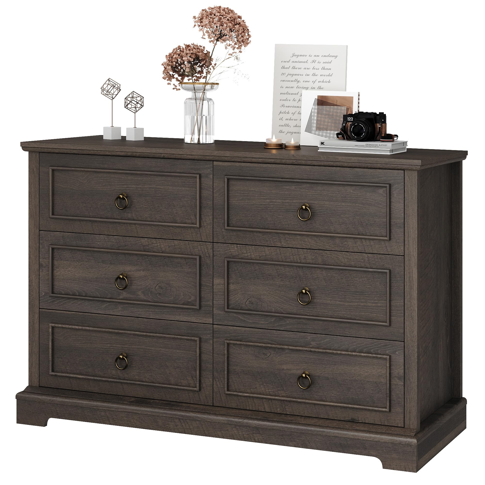HOSTACK 6 Drawer Double Dresser, Modern Farmhouse Chest of Drawers, Wide Dressers Organizer, Accent Wood Storage Cabinet for Living Room, Hallway, Dark Brown
