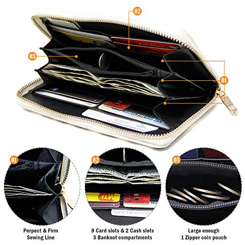 Me Plus Women Fashion Solid Color Faux Leather PU Long Wallet with Zipper Closure Card Slots Zippered Coin Pouch (White)