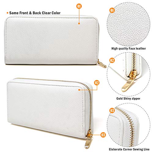 Me Plus Women Fashion Solid Color Faux Leather PU Long Wallet with Zipper Closure Card Slots Zippered Coin Pouch (White)