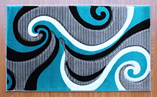 Masada Rugs, Sophia Collection Hand Carved Mat Modern Contemporary Turquoise White Grey Black (2 Feet X 3 Feet 4 Inch) Welcome Mat, Doormat, Bathroom Rug, Kitchen Mat, Small Space Rug