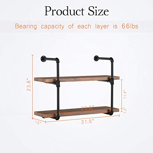 mecor 2022 New Industrial Wall Shelf 2-Tier with Planks, Wall Mount Iron Pipe Shelves, Wood and Metal Frame Wall Bookcase