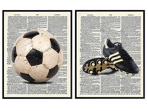 Vintage Soccer Ball and Shoes Upcycled Dictionary Wall Art Print Set of 2-8x10 Photos - Home Decor for Gym, Workout or Game Room, Boys, Girls Kids Bedroom - Unique Gift for Futbol Fan, Coach