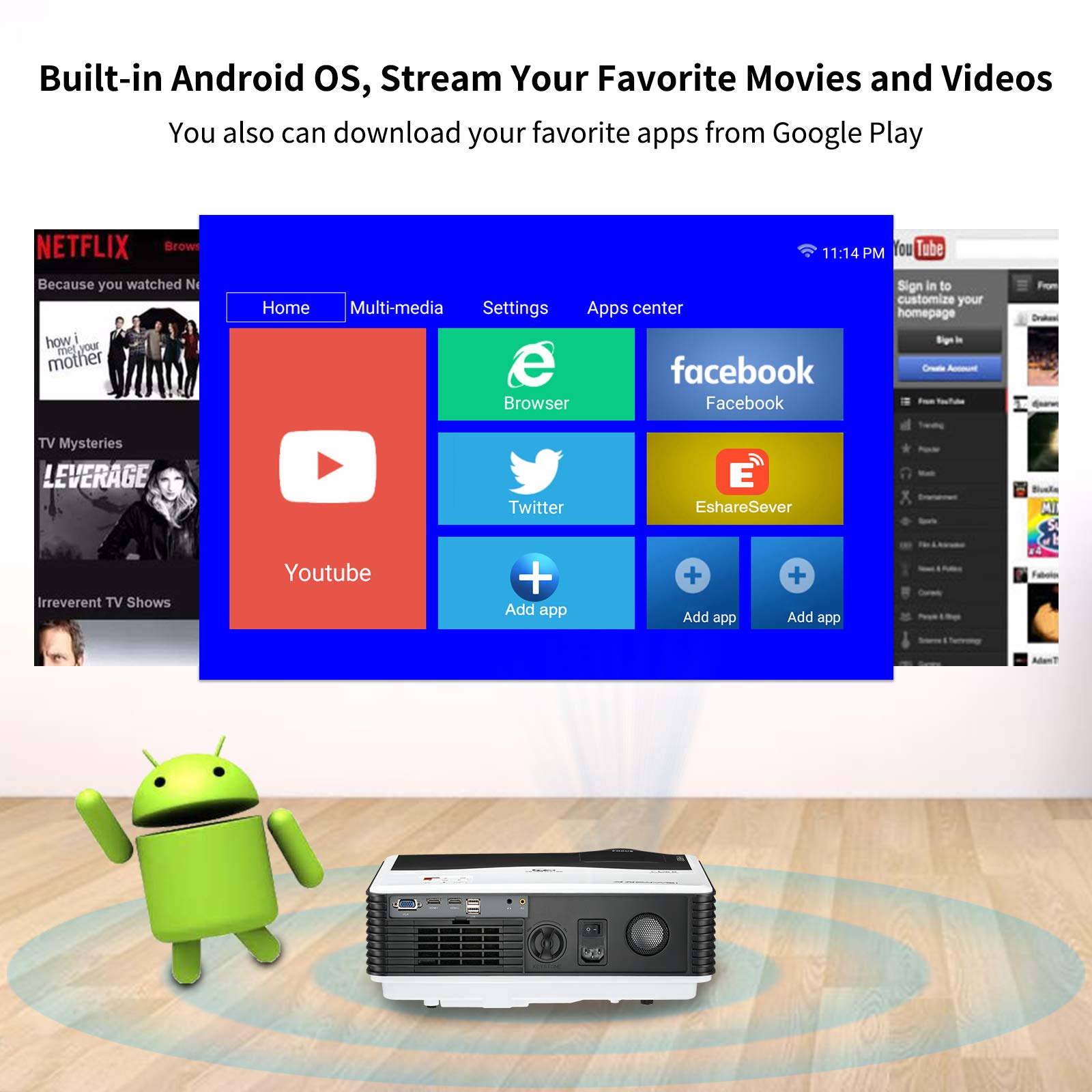 6200LM WiFi Bluetooth Projector Wireless HD Movies Projector 1080P LED Home Theater Projector 200β Display Compatible with Smartphone, Laptop, HDMI, USB, VGA, TV Stick, PS4 for Outdoor Entertainment