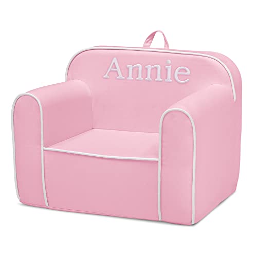 Delta Children Cozee Chair for Kids - 1 Seater Foam Toddler Couch can be Personalized with Name, Has Removable Cover for Easy Machine Washing (25x18x20.5 Inches, Pink and White)