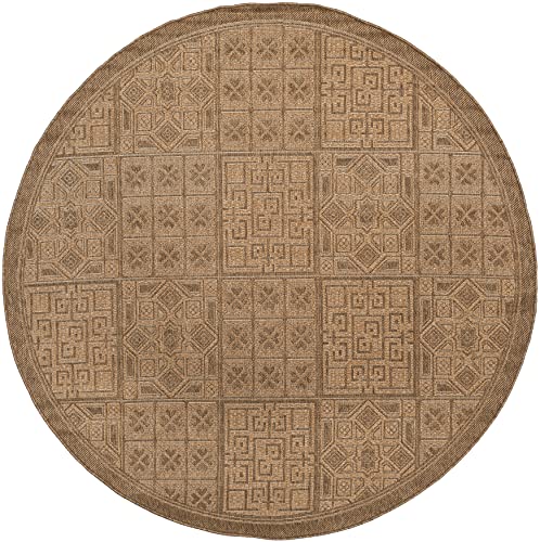 SAFAVIEH Courtyard Collection 6'7" Round Gold / Natural CY6947 Indoor/ Outdoor Splashproof Easy Scrubbing Patio Backyard Mudroom Area Rug
