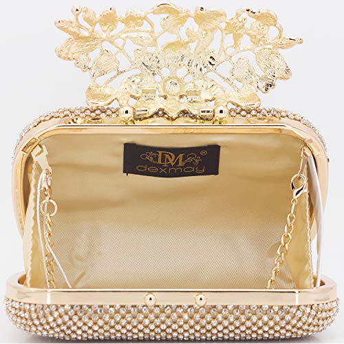 Dexmay Luxury Flower Women Clutch Purse Rhinestone Crystal Evening Bag for Wedding Party Gold