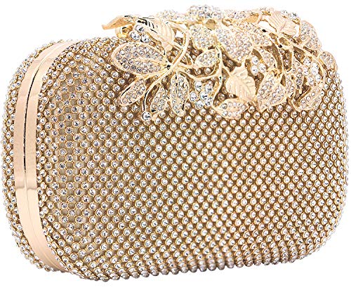 Dexmay Luxury Flower Women Clutch Purse Rhinestone Crystal Evening Bag for Wedding Party Gold