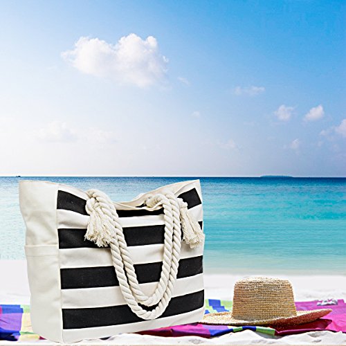 Malirona Large Beach Travel Tote Bag Canvas Shoulder Bag with Cotton Rope Handle (Black Stripes)