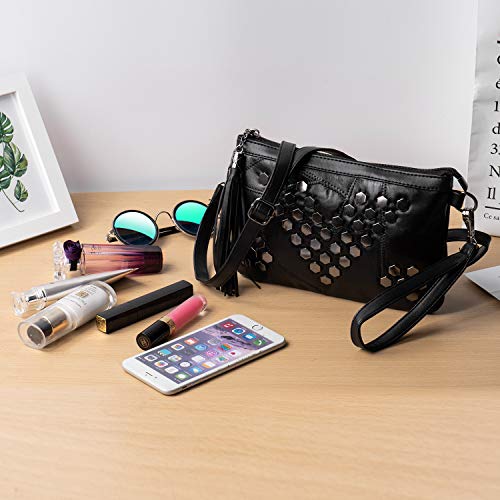 LaRechor Small Crossbody Purse for Women Rivets Clutch Handbag with Tassel Zip & Wrist Strap Bag