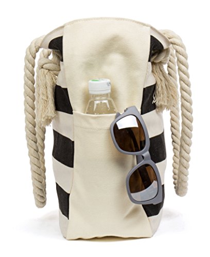 Malirona Large Beach Travel Tote Bag Canvas Shoulder Bag with Cotton Rope Handle (Black Stripes)