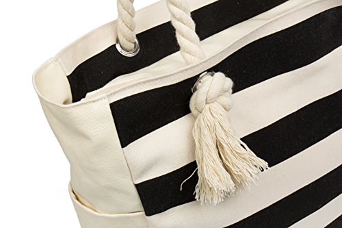 Malirona Large Beach Travel Tote Bag Canvas Shoulder Bag with Cotton Rope Handle (Black Stripes)