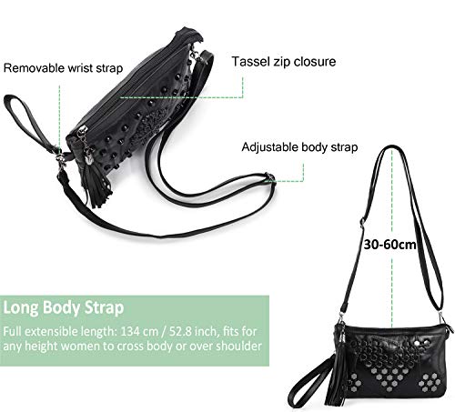 LaRechor Small Crossbody Purse for Women Rivets Clutch Handbag with Tassel Zip & Wrist Strap Bag