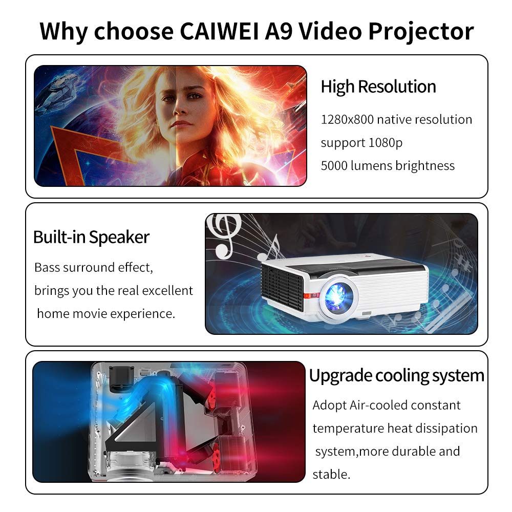 6200LM WiFi Bluetooth Projector Wireless HD Movies Projector 1080P LED Home Theater Projector 200β Display Compatible with Smartphone, Laptop, HDMI, USB, VGA, TV Stick, PS4 for Outdoor Entertainment