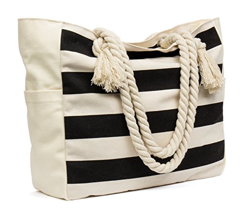 Malirona Large Beach Travel Tote Bag Canvas Shoulder Bag with Cotton Rope Handle (Black Stripes)