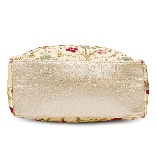 Indian Ethnic Designer Embroidered Silk Potli Bag Batwa Pearls Handle Purse (Golden nd Purple)