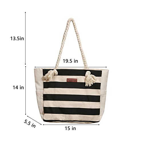 Malirona Large Beach Travel Tote Bag Canvas Shoulder Bag with Cotton Rope Handle (Black Stripes)