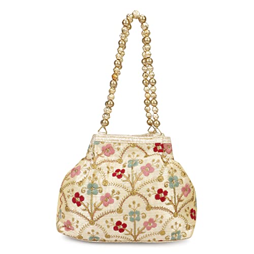 Indian Ethnic Designer Embroidered Silk Potli Bag Batwa Pearls Handle Purse (Golden nd Purple)