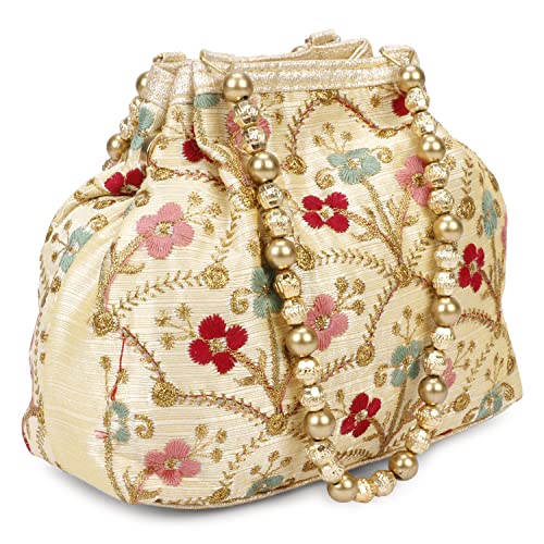 Indian Ethnic Designer Embroidered Silk Potli Bag Batwa Pearls Handle Purse (Golden nd Purple)