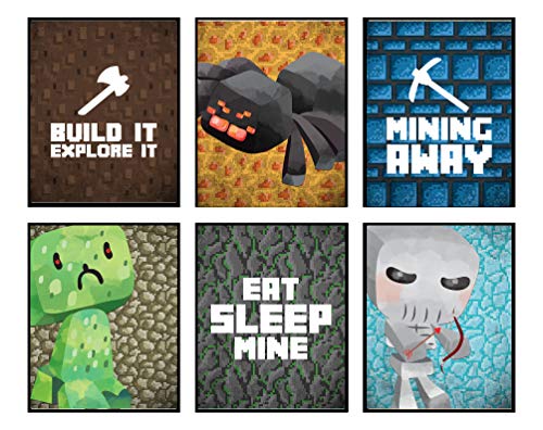 Mining Away - Pixel Video Game Craft Miners Room Wall Hanging Art Prints Decor Poster Sign Pictures Bedroom (Set of Six)