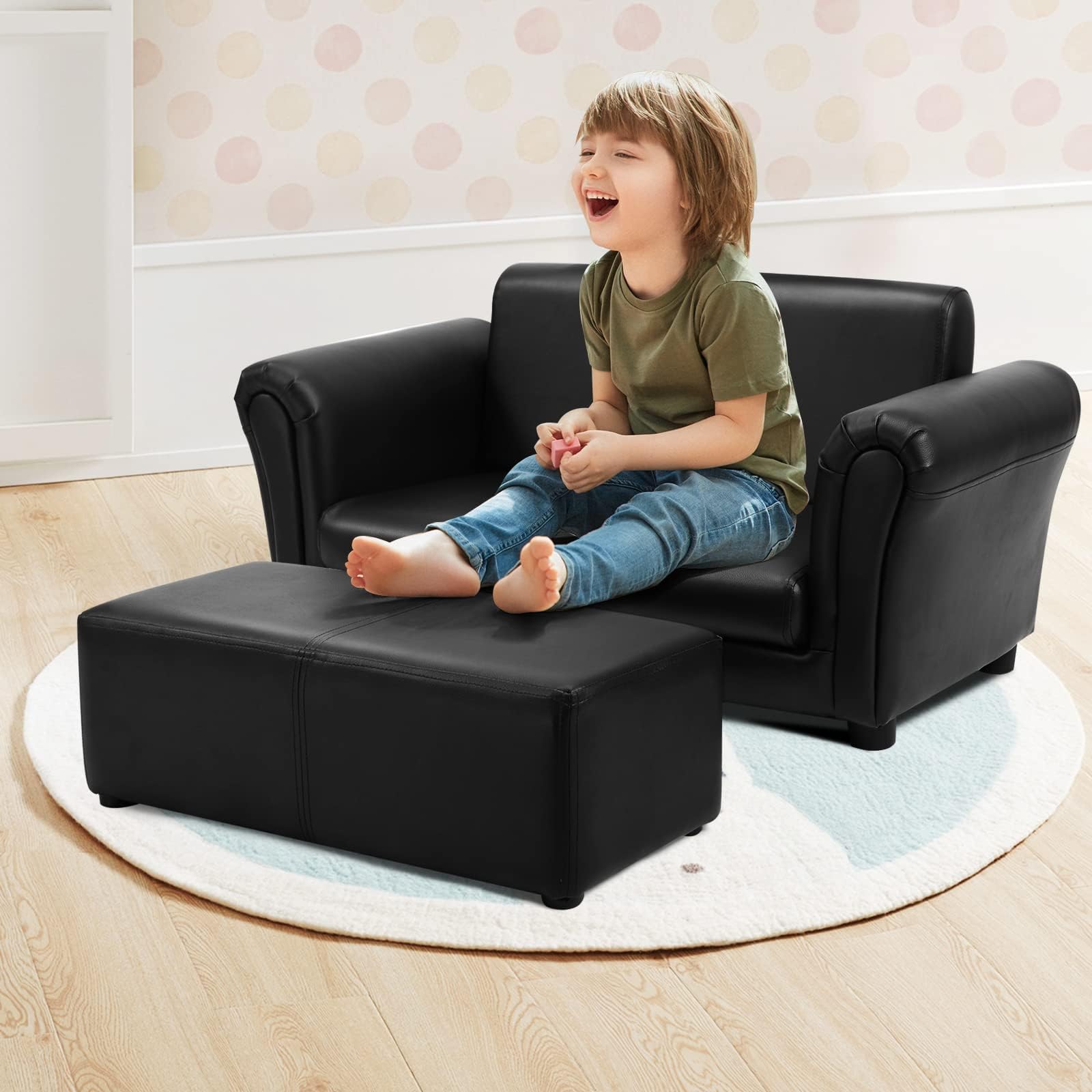 INFANS 2 Seat Children Sofa, Upholstered Couch with Footstool Sturdy Wood Construction, Armrest Couch for Preschool Children Boys Girls, Kid Couch Lounge Bed with Ottoman (Black)