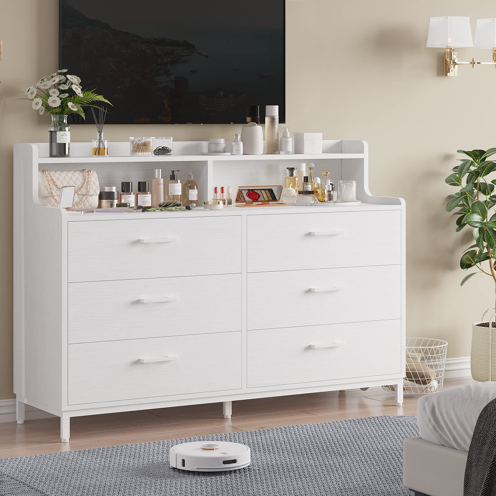 Hasuit White Dresser for Bedroom with 6 Drawers and Storage Shelves, Wide Chest of Drawers with Sturdy Steel Legs, Large Wooden Storage Tower Dresser Organizer, Dresser for Bedroom, Clost, Entryway