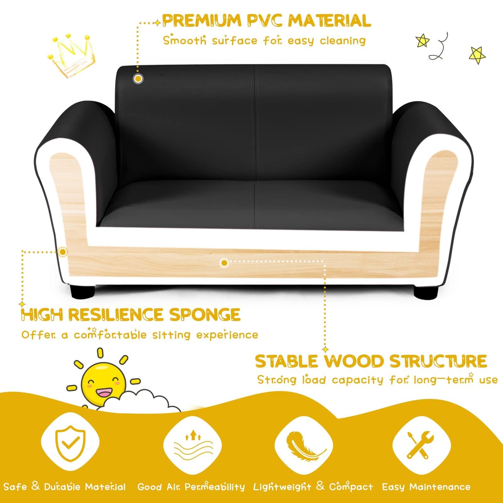 INFANS 2 Seat Children Sofa, Upholstered Couch with Footstool Sturdy Wood Construction, Armrest Couch for Preschool Children Boys Girls, Kid Couch Lounge Bed with Ottoman (Black)