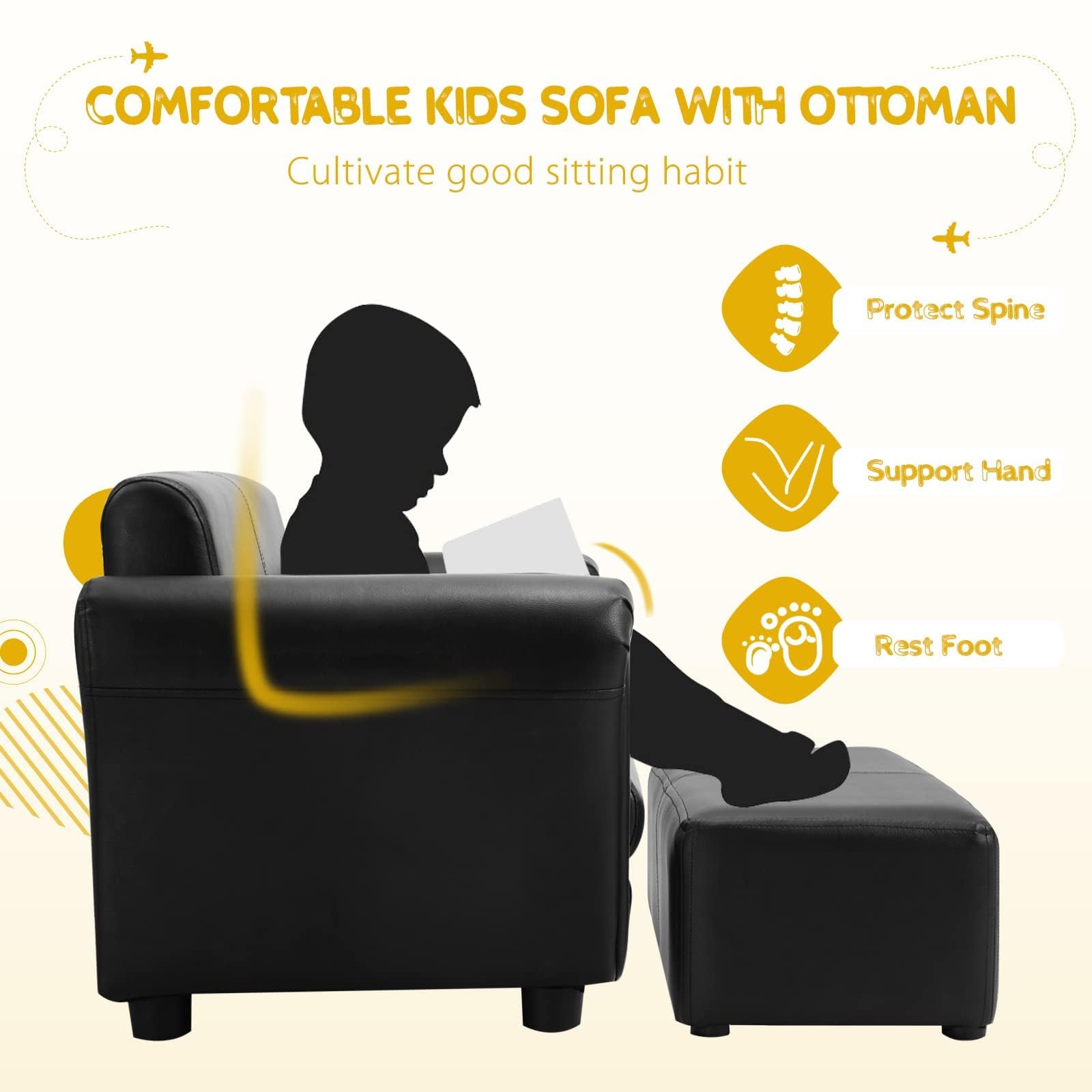 INFANS 2 Seat Children Sofa, Upholstered Couch with Footstool Sturdy Wood Construction, Armrest Couch for Preschool Children Boys Girls, Kid Couch Lounge Bed with Ottoman (Black)