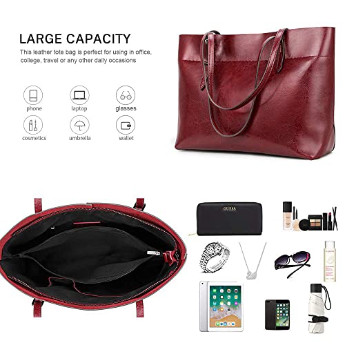 Kattee Vintage Genuine Leather Tote Shoulder Bag for Women Satchel Handbag with Top Handles (1-Red)