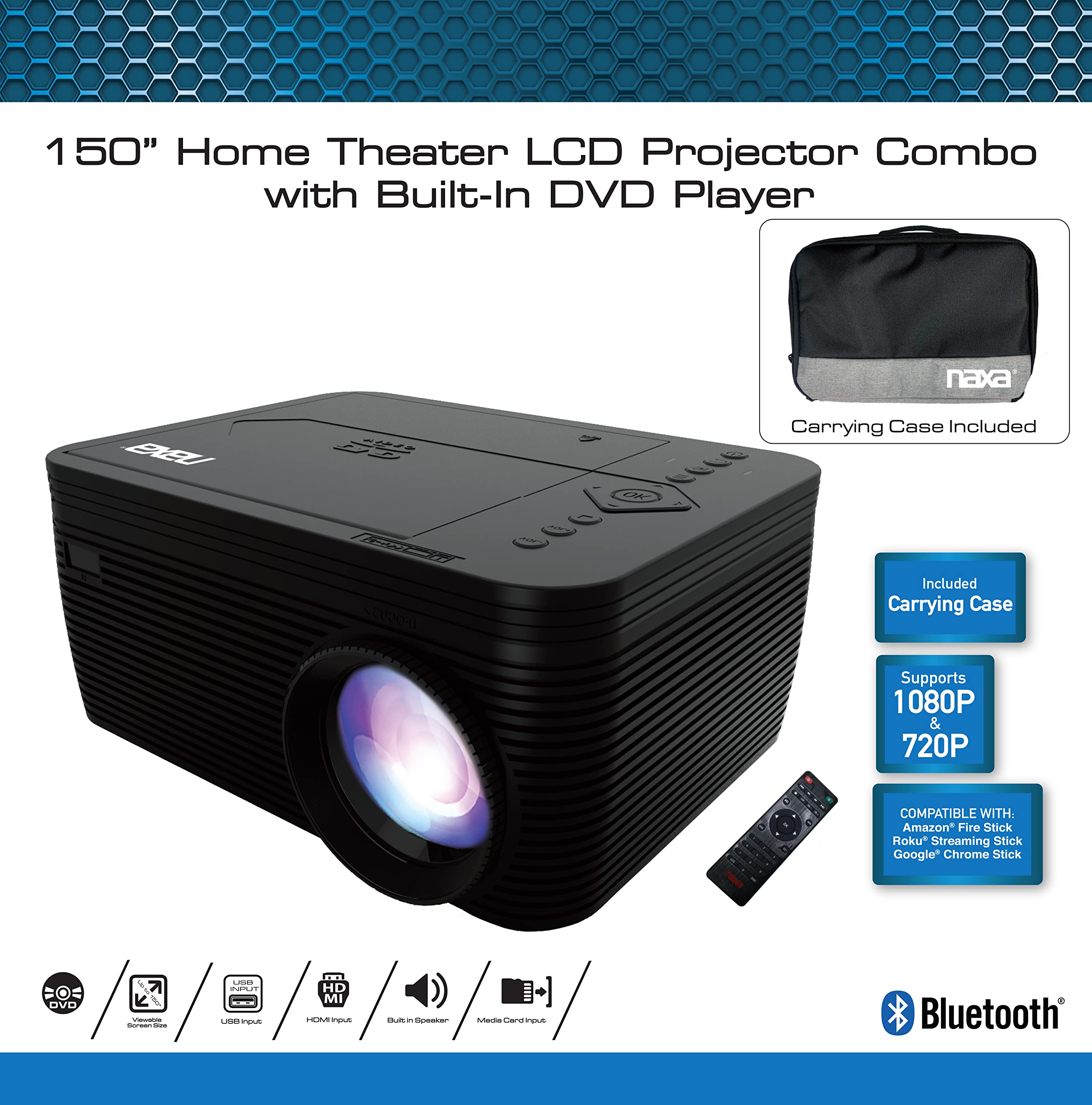 Naxa Electronics NYP-2502C 150″ Home Theater LCD Projector Combo with Built-in DVD Player, Remote, and Case, Gaming Consoles, Bluetooth, HDMI x 2, USB 2.0, MicroSD Support, VGA, Black (NVP-2502C)