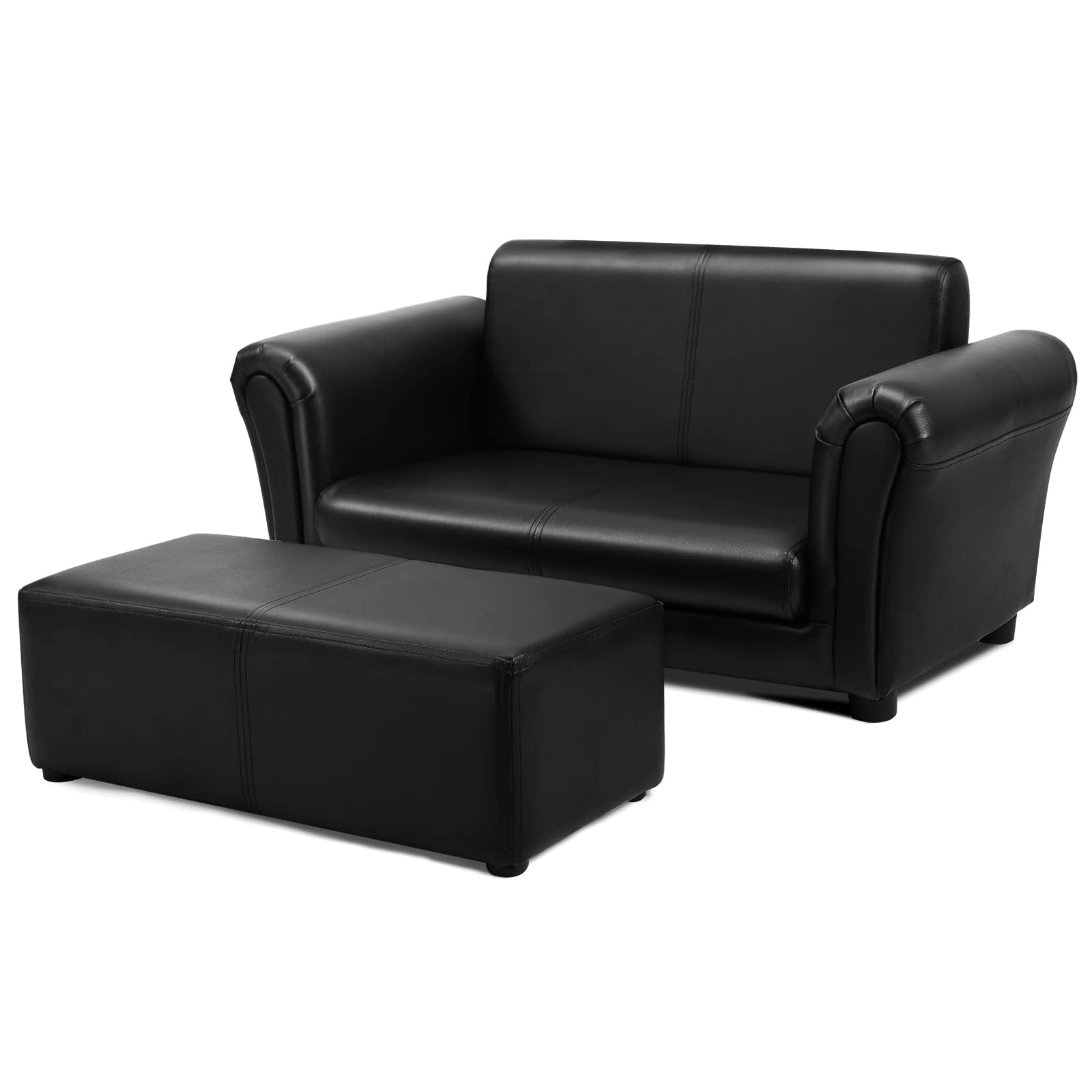 INFANS 2 Seat Children Sofa, Upholstered Couch with Footstool Sturdy Wood Construction, Armrest Couch for Preschool Children Boys Girls, Kid Couch Lounge Bed with Ottoman (Black)