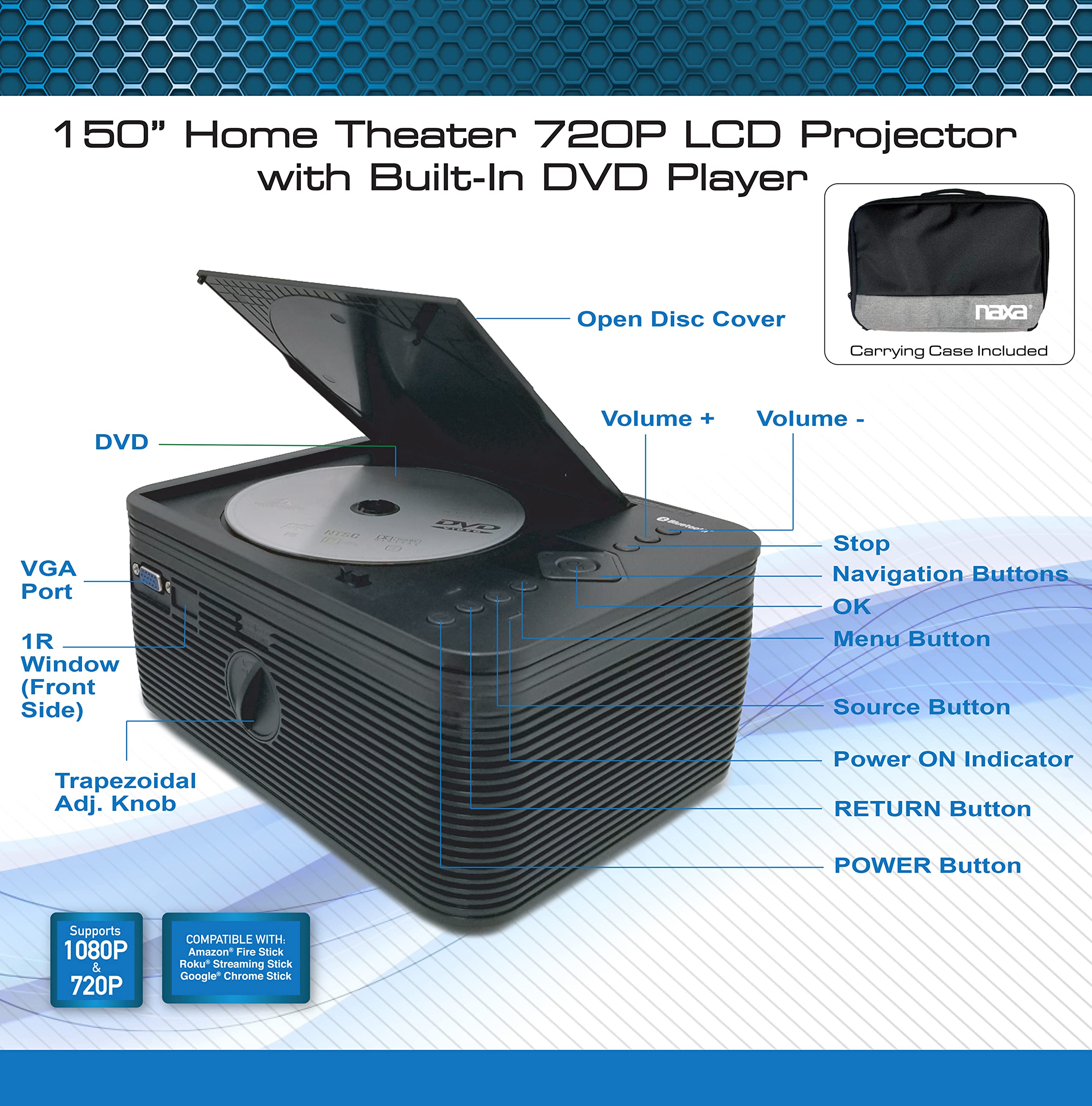 Naxa Electronics NYP-2502C 150″ Home Theater LCD Projector Combo with Built-in DVD Player, Remote, and Case, Gaming Consoles, Bluetooth, HDMI x 2, USB 2.0, MicroSD Support, VGA, Black (NVP-2502C)