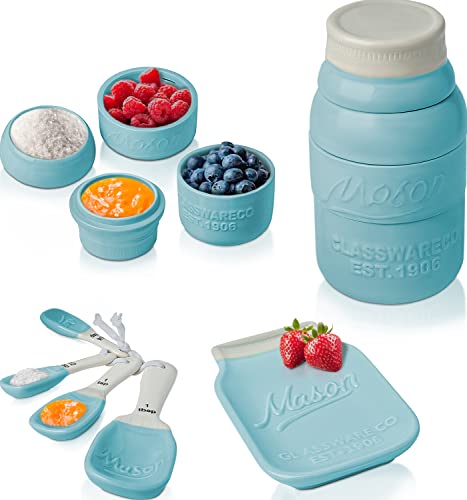 Vintage Mason Jar Ceramic Kitchenware Set by Comfify - Multi-Piece Kitchen Ceramic Décor Set w/ 4 Measuring Cups, 4 Measuring Spoons and Spoon Rest - Attractive Vintage Style, in Aqua Blue/Teal