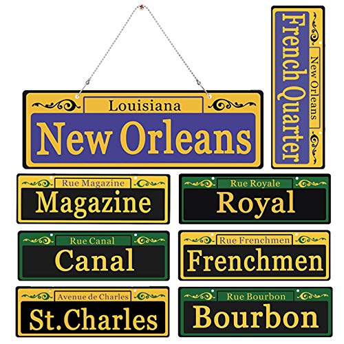 2020 Mardi Gras Decorations New Orleans Street Signs 8 Pack Ornaments - 1:1 Size Duplex Printed PVC Made Mardi Gras Party Table Decor, with Extra Metal Chain for Outdoor Carnival Hanging