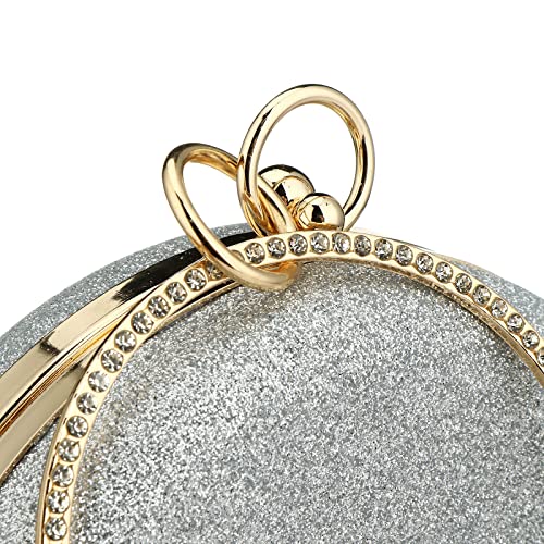Women's Round Ball Clutch Rhinestone Ring Handle Designer Wristlets Handbag Purse Wedding Party Prom Evening Bag (Silver)