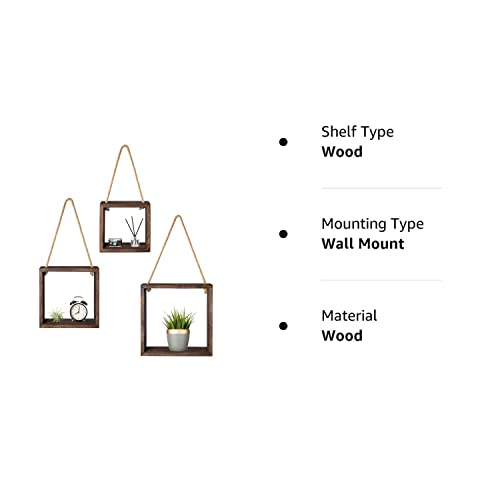 Mkono Hanging Square Floating Shelves Wall Mounted Set of 3 Boho Decor Rustic Wood Cube Shadow Boxes Decorative Shelf for Office Living Room Bedroom Apartment