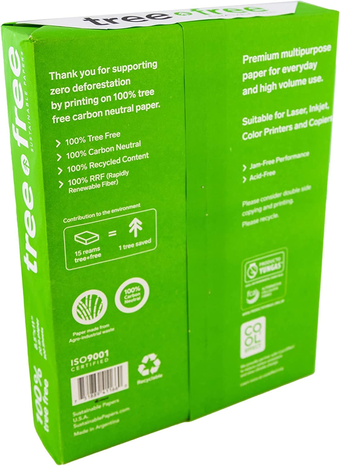 Tree Free Copy Paper, 20 LB, 8.5" x 11", 92 Bright 100% Tree Free Carbon Neutral Acid Free, Made from Sugarcane Waste Fiber (500/Ream), 3-Reams