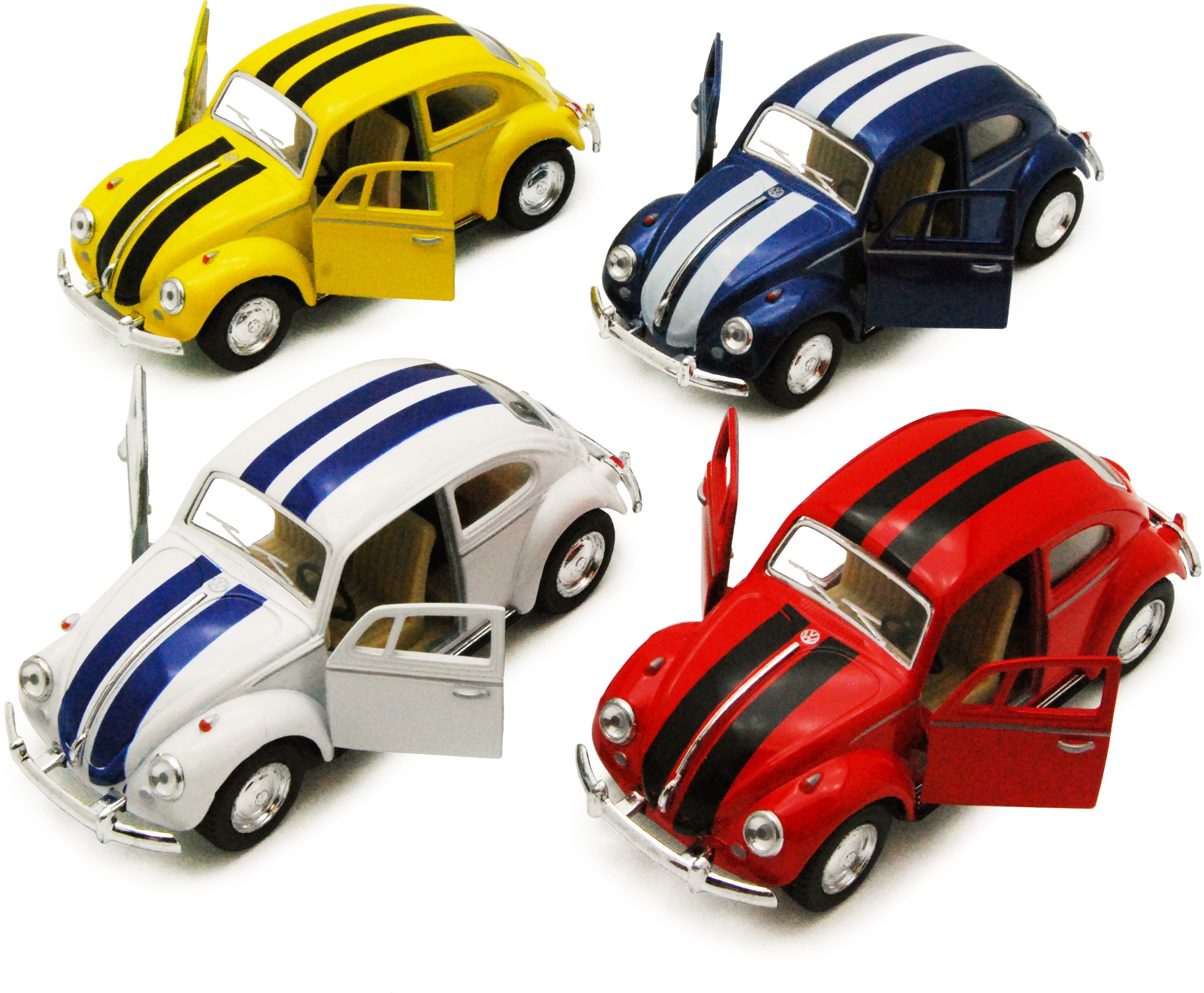 Set of 4 Cars: 5" Classic 1967 Volkswagen Beetle with Racing Stripes 1:32 Scale (Blue/Red/White/Yellow)