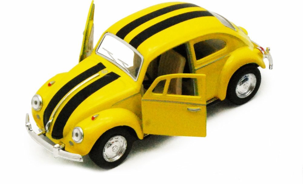 Set of 4 Cars: 5" Classic 1967 Volkswagen Beetle with Racing Stripes 1:32 Scale (Blue/Red/White/Yellow)