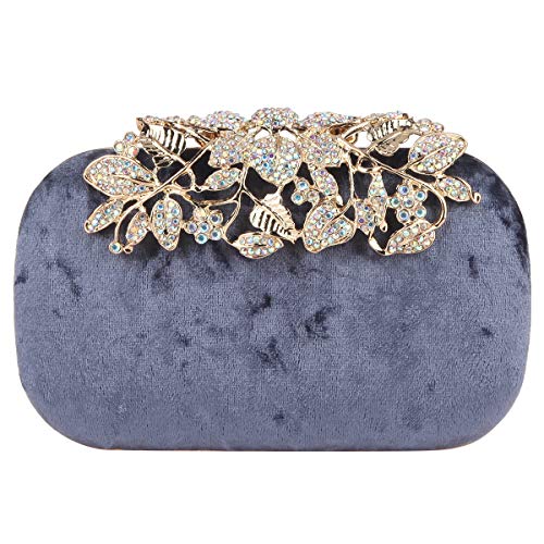 Fawziya Flower Clutch With Rhinestones Velvet Clutches For Women-Grey