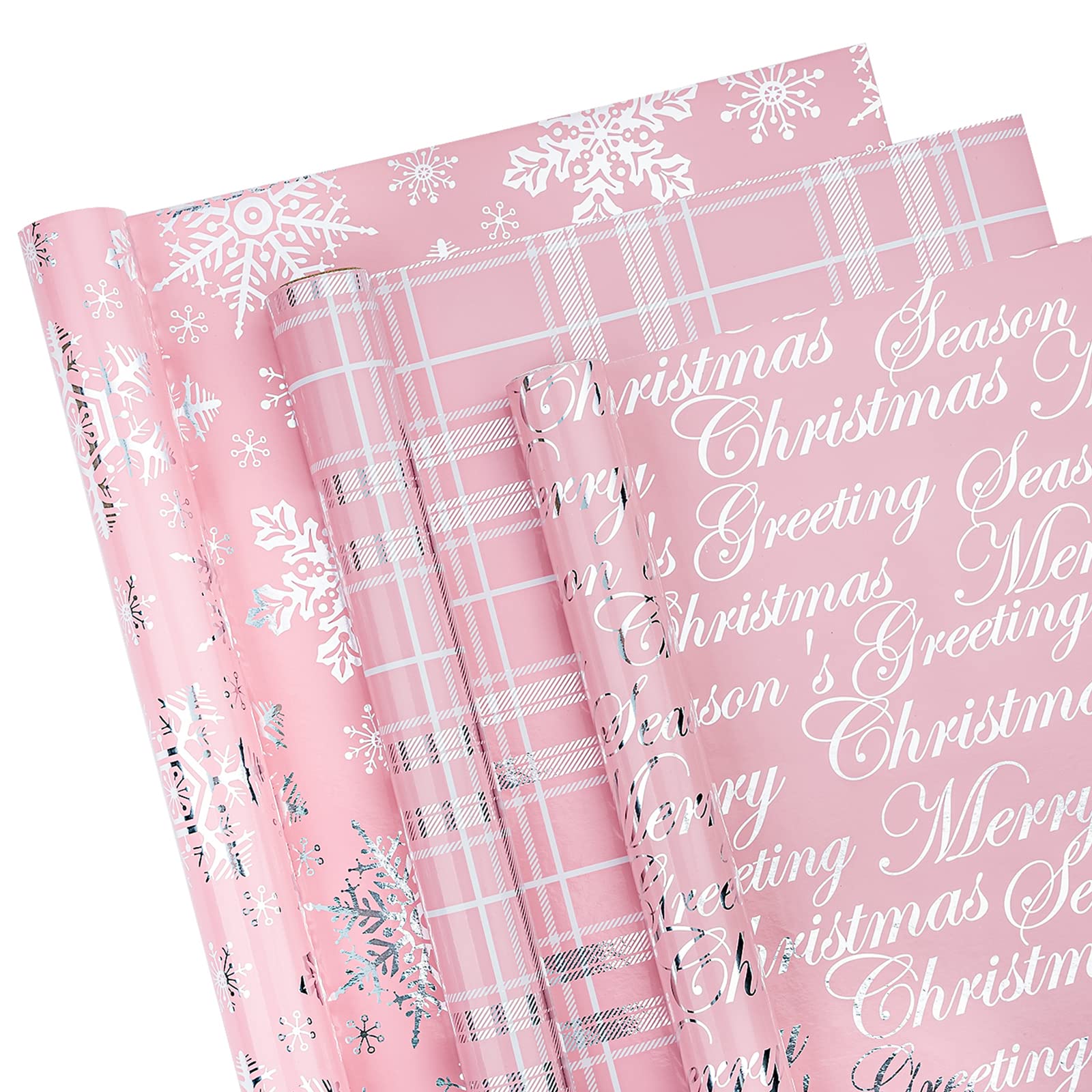 WRAPAHOLIC Christmas Wrapping Paper Roll - Mini Roll - 3 Rolls - 17 Inch X 120 Inch Per Roll - Pink with Silver Metallic Foil Snowflake, Plaid, Merry Christmas Lettering