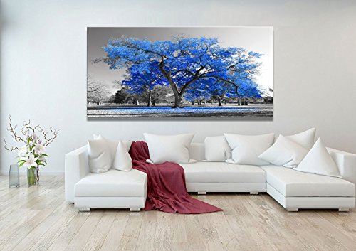 Wall Art Painting Contemporary Blue Tree in Black and White Style Fall Landscape Picture Modern Giclee Stretched and Framed Artwork