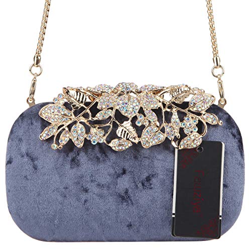 Fawziya Flower Clutch With Rhinestones Velvet Clutches For Women-Grey