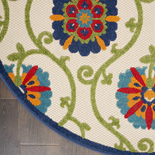 Nourison Aloha Indoor/Outdoor Blue/Multicolor 4' x ROUND Area -Rug, Easy -Cleaning, Non Shedding, Bed Room, Living Room, Dining Room, Deck, Backyard, Patio (4 Round)