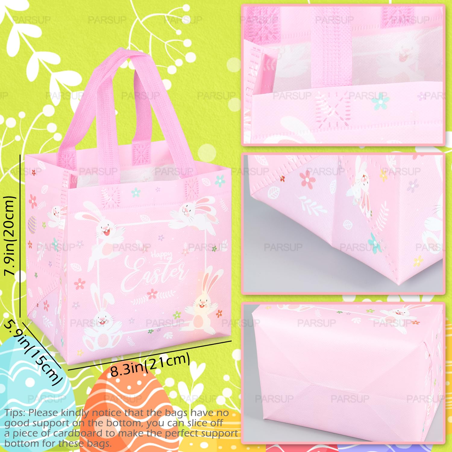 8PCS Happy Easter Egg Hunt Bags Easter Bunny Carrot Chick Egg Gift Bags with Handles, Easter Treat Bags, Multifunctional Non-Woven Easter Bags for Gifts Wrapping, Egg Hunt, Easter Party Supplies , 8.3×7.9×5.9inch