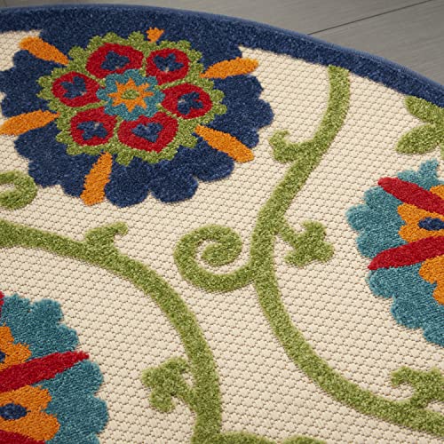 Nourison Aloha Indoor/Outdoor Blue/Multicolor 4' x ROUND Area -Rug, Easy -Cleaning, Non Shedding, Bed Room, Living Room, Dining Room, Deck, Backyard, Patio (4 Round)