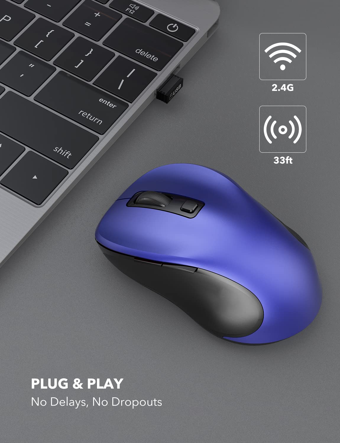 Trueque Wireless Mouse for Laptop, 2.4GHz Ergonomic Computer Mouse with Back & Forward Buttons, 3-Level DPI, 6 Buttons, Optical USB Cordless Mice for Windows Chromebook MacBook PC (Blue)