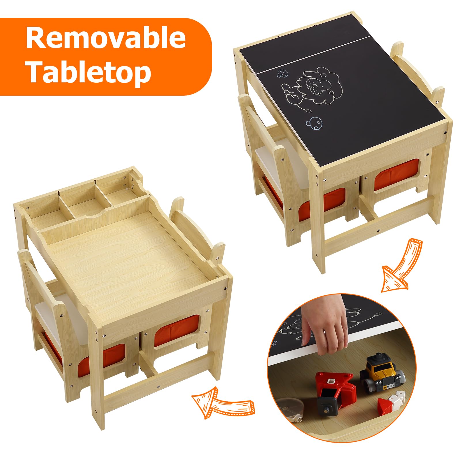 Bophy Kids Table and Chair Set, 3 in 1 Children Activity Table w/Storage, Removable Tabletop, Blackboard, 3-Piece Toddler Furniture Set for Art, Crafts, Drawing, Reading, Playroom (Natural)