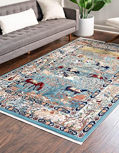 Unique Loom Narenj Collection Classic Traditional Hunting Scene Textured Design Area Rug, Rectangular 5' 0" x 8' 0", Blue/Tan