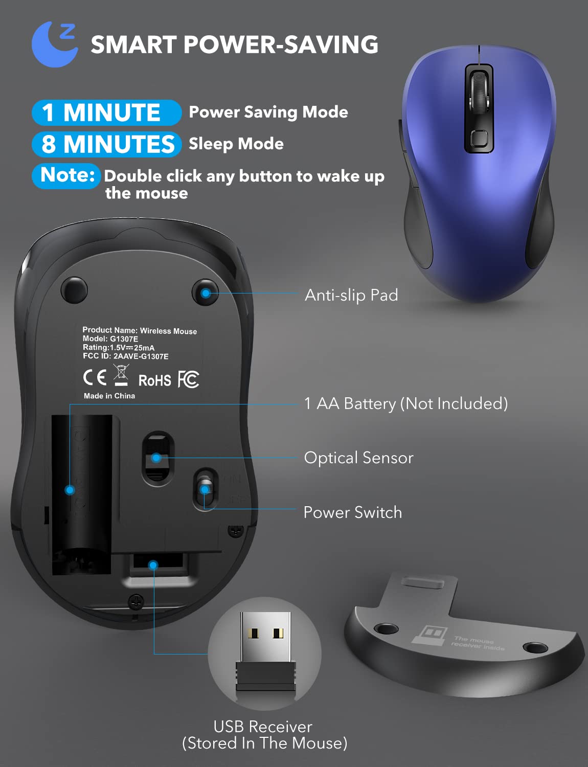 Trueque Wireless Mouse for Laptop, 2.4GHz Ergonomic Computer Mouse with Back & Forward Buttons, 3-Level DPI, 6 Buttons, Optical USB Cordless Mice for Windows Chromebook MacBook PC (Blue)